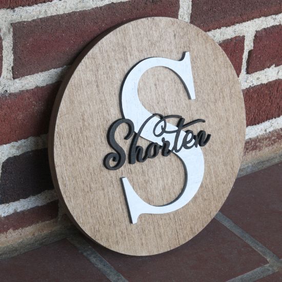 Arc + Oak. Personalized Round Raised Letter Family Name Sign